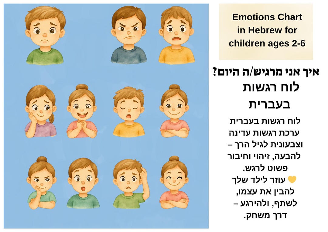 Hebrew Emotions Chart for Kids – Printable Feelings Activity ...