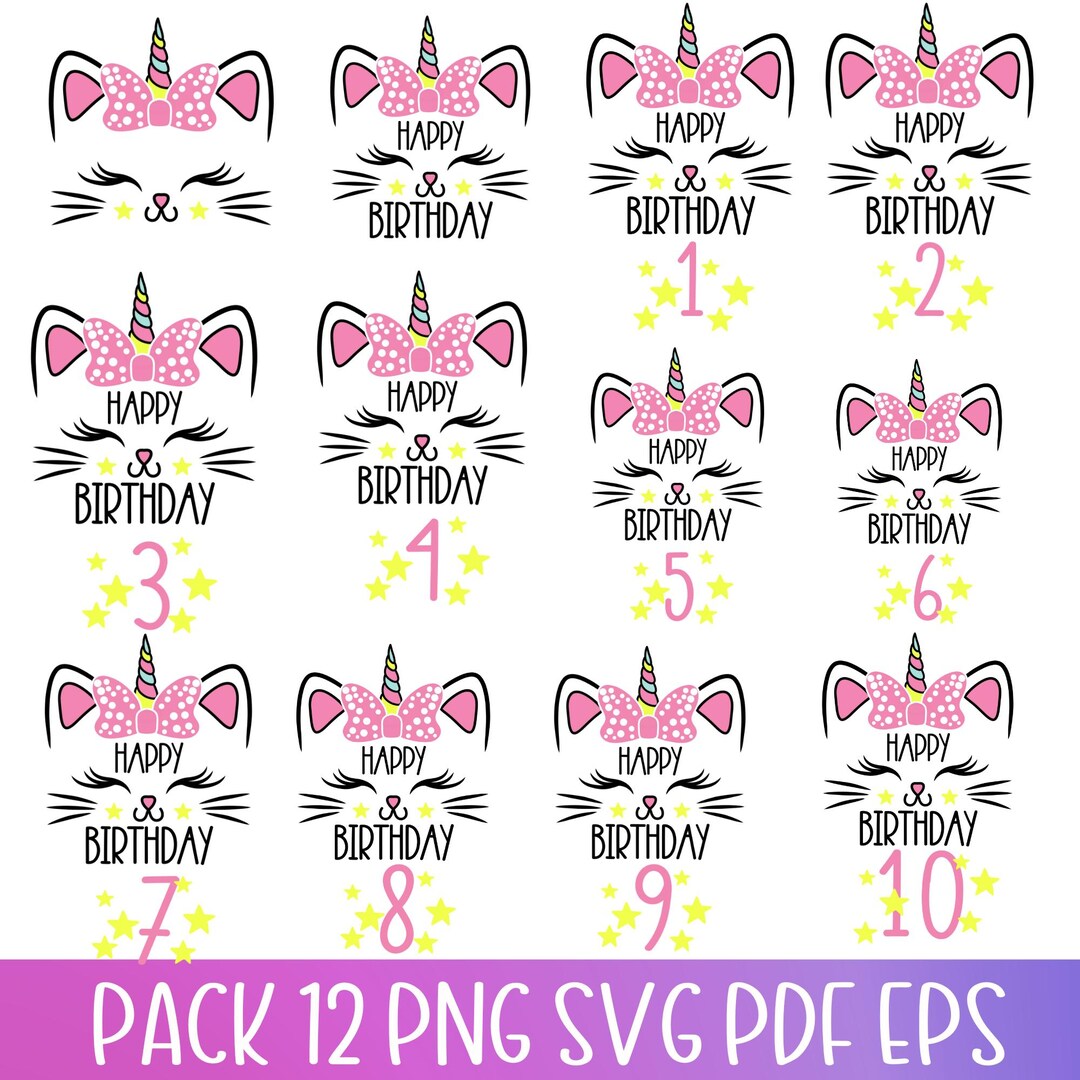 Unicorn Cat Birthday SVG Bundle, Cat SVG, Unicorn SVG, Birthday SVG ...