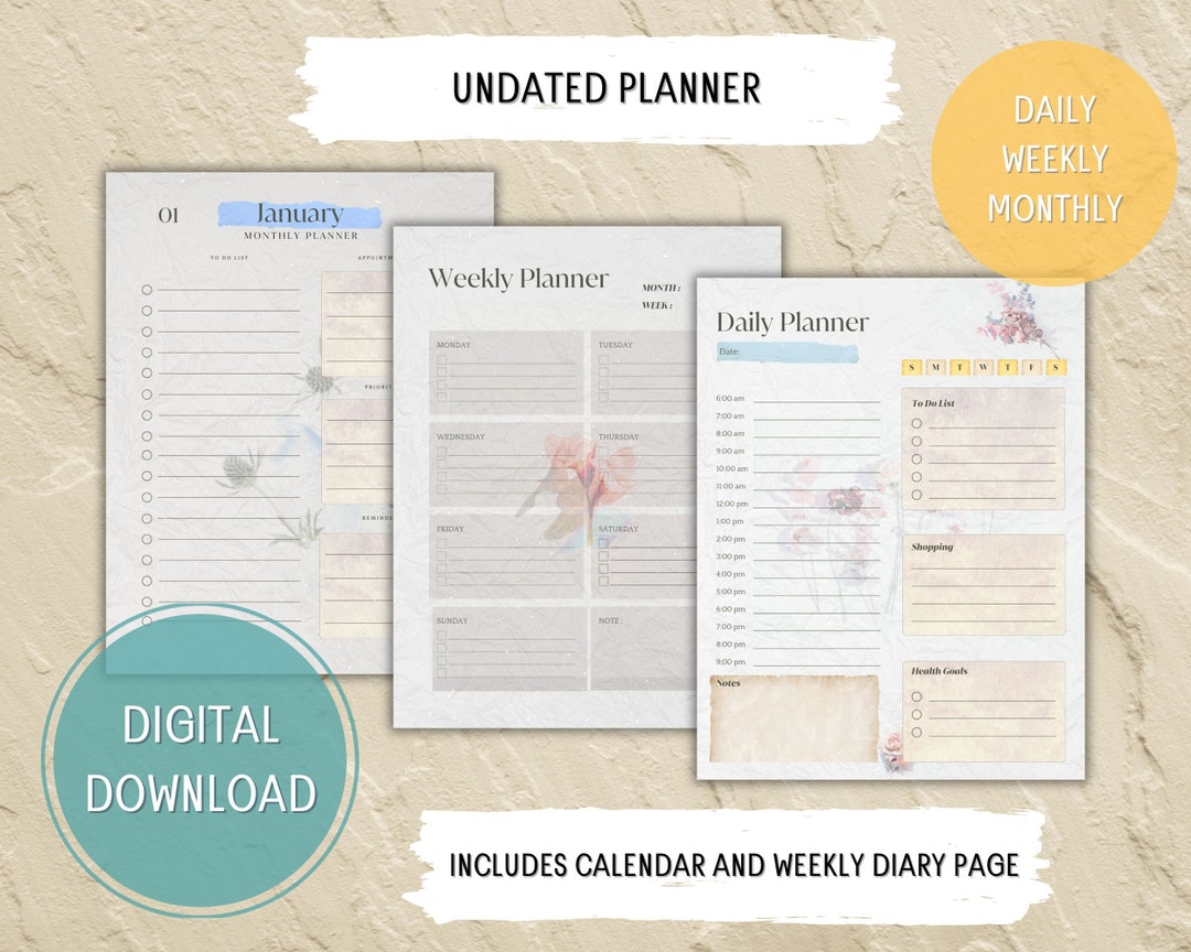 Undated Floral Digital Planner, Daily Planner, Weekly Planner, Monthly ...