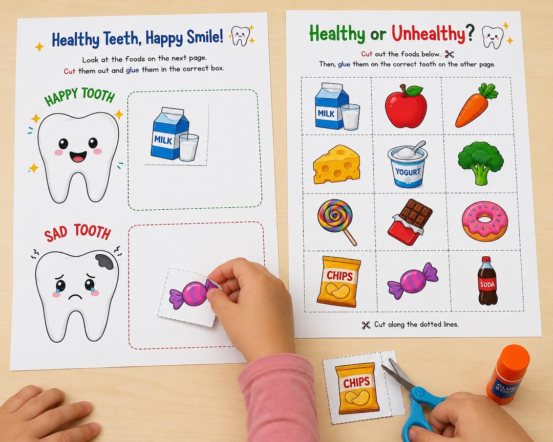 Healthy Teeth Cut and Paste Activity for Kids Dental Health Sorting ...
