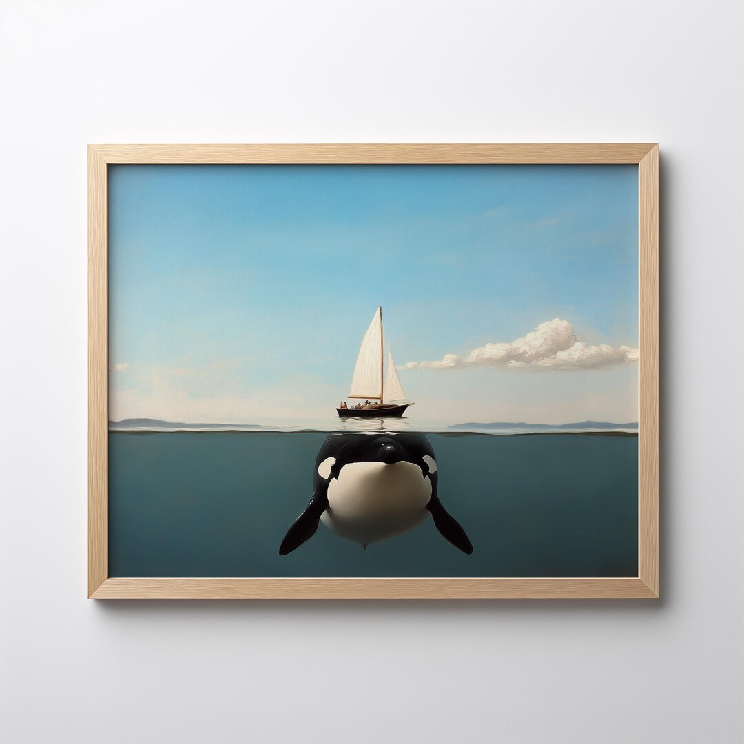 Orca and Sailboat Art Print: Coastal Nautical Painting (digital ...