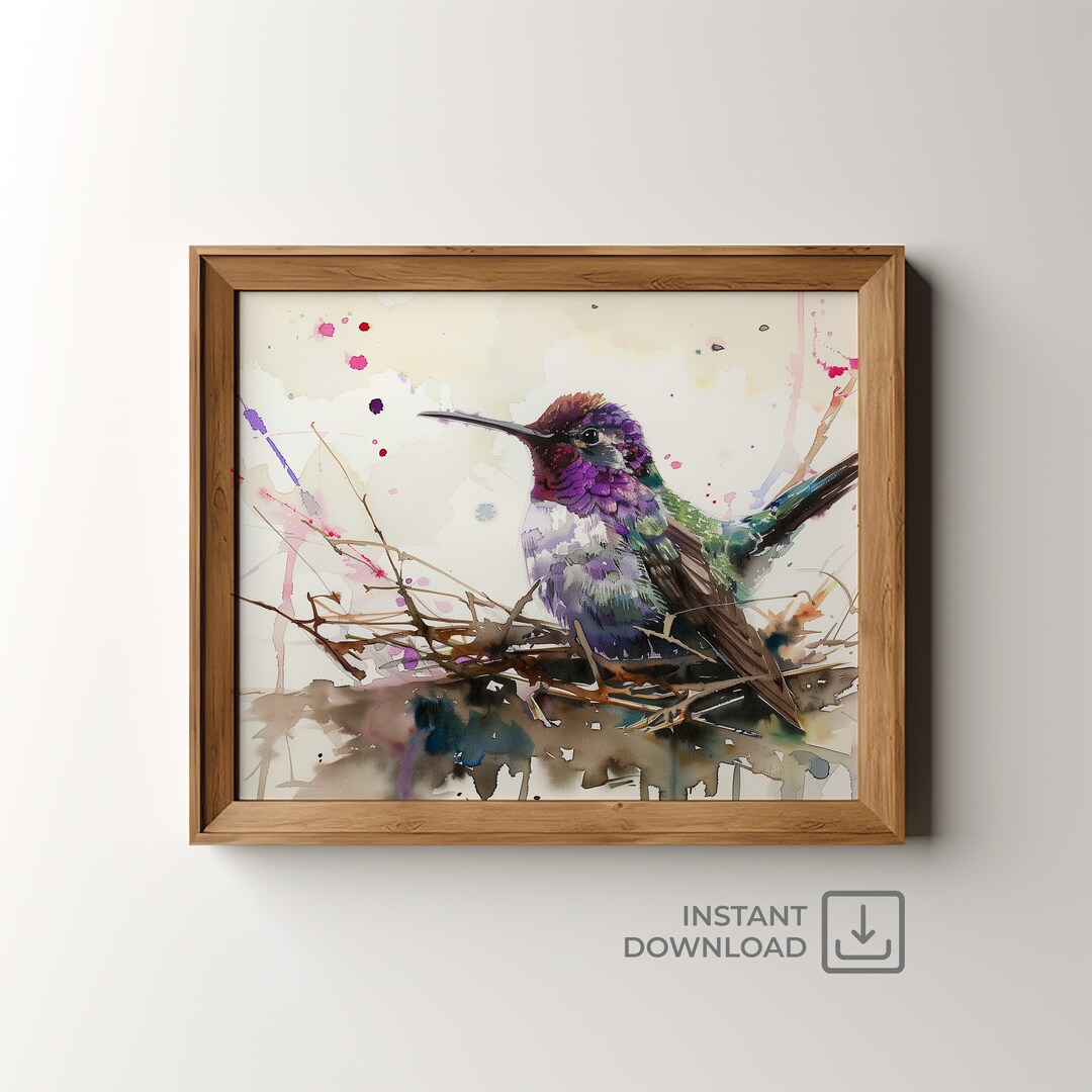 Hummingbird in Nest Watercolor Print, Vibrant Bird Art, Nature Wall ...