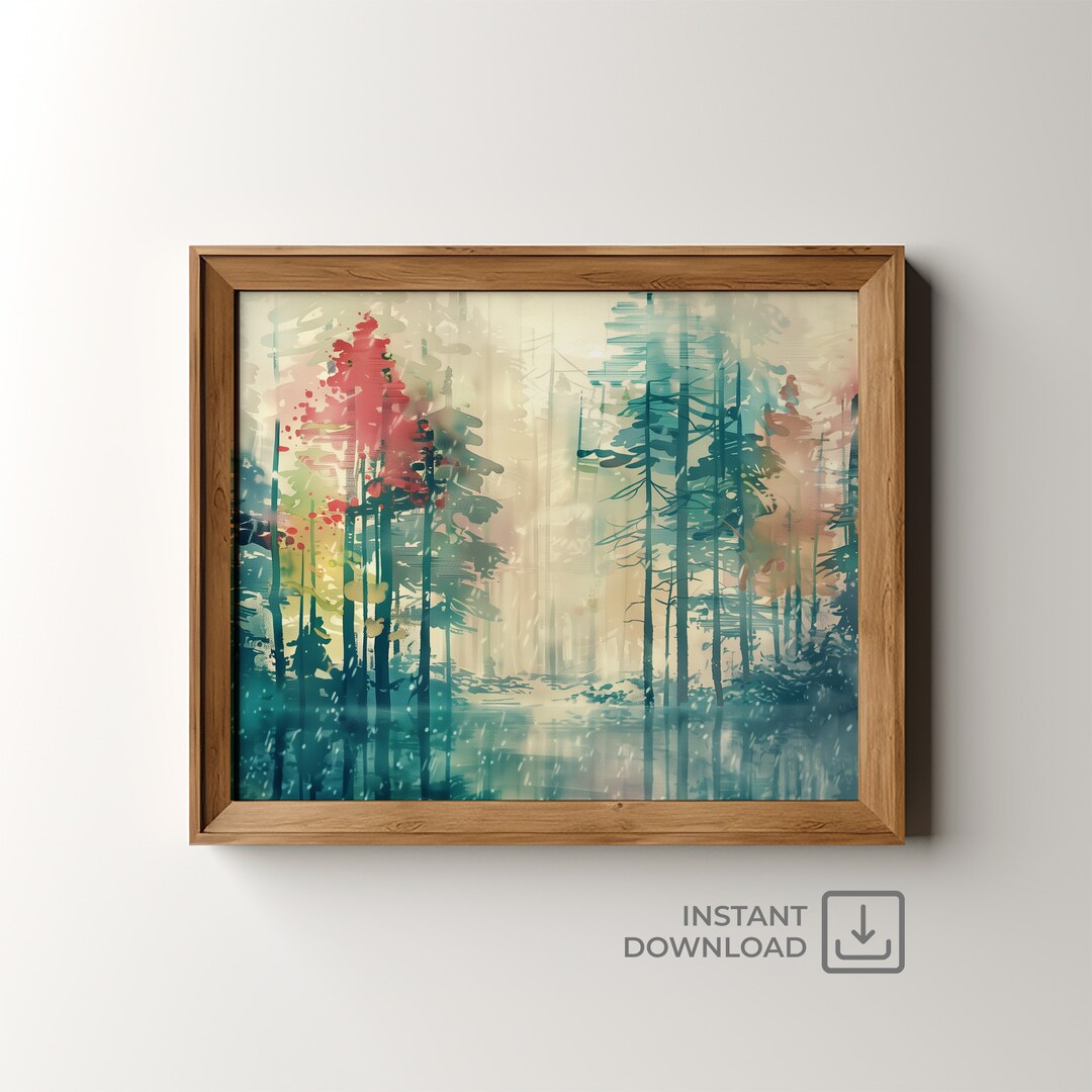 Rainy Fall Forest Watercolor Painting: PNW Landscape Art (digital ...