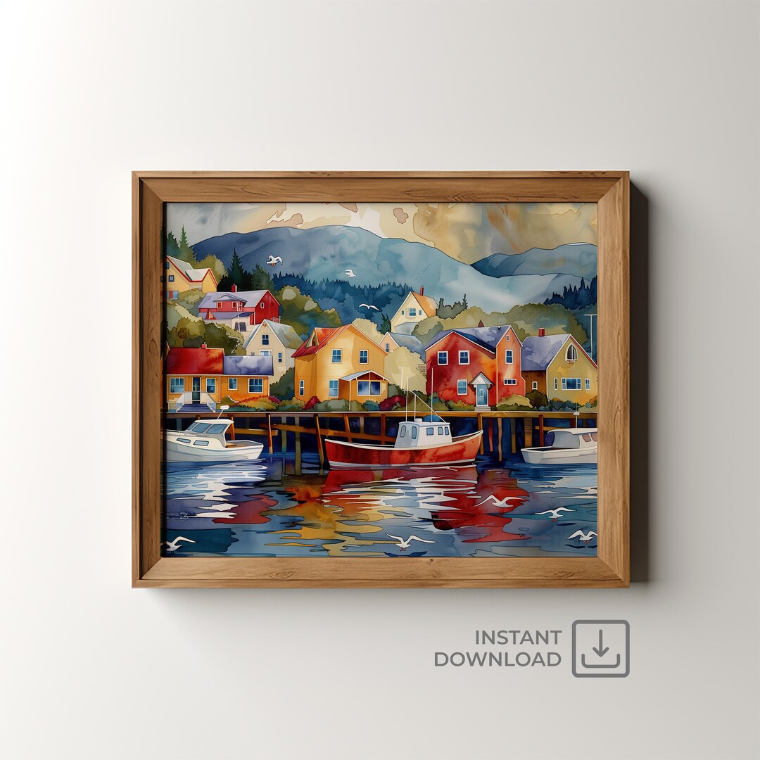 Pacific Northwest Coastal Town Watercolor Painting, PNW Town Art Print ...