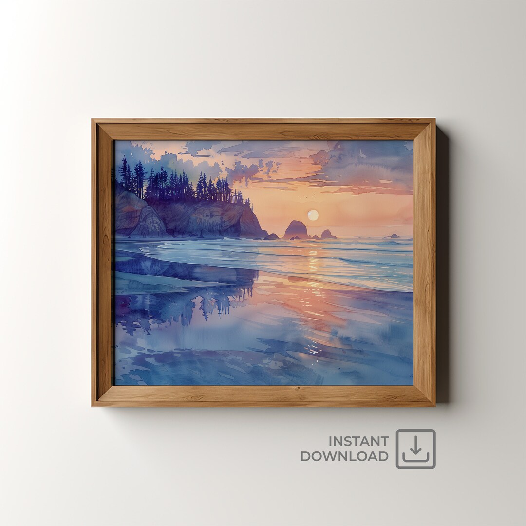 Pacific Northwest Coastal Beach Sunset Watercolor Painting Digital Wall ...