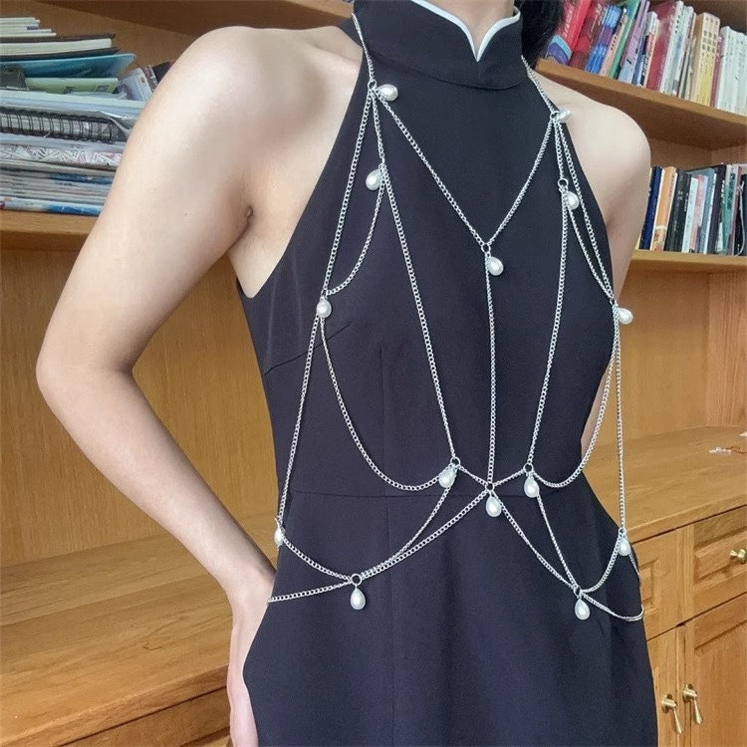 Spider Web Body Chain Bra, Silver Chest Chain, Drop Pearl Harness ...