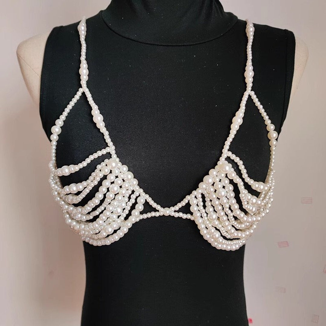 White Pearl Chain Top, Body Jewellery, Beaded Pearl Body Chain Bra ...