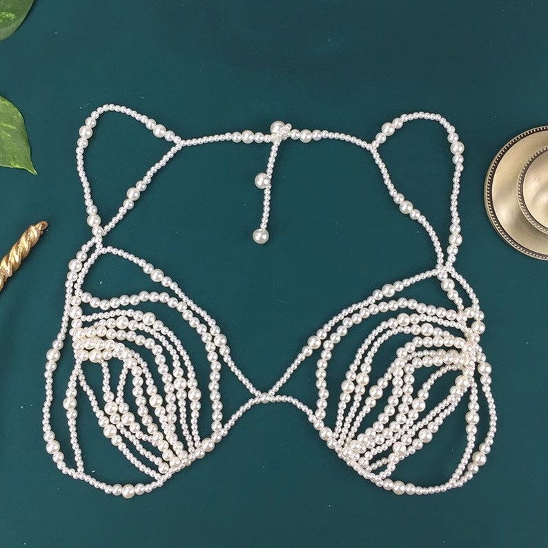 White Pearl Chain Top, Body Jewellery, Beaded Pearl Body Chain Bra ...