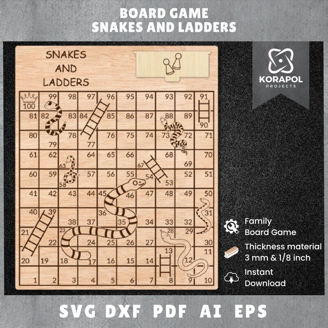 Snakes and Ladders Laser Cut Simple Family Board Game | Kids Gifts | Special Pawns and Drawer ...