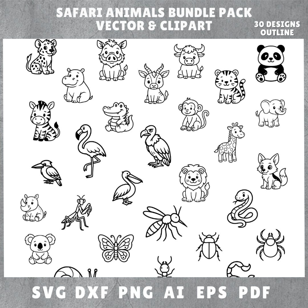 30 Cute Safari Animal Outline SVG Bundle | Cute Animals | Birds ...