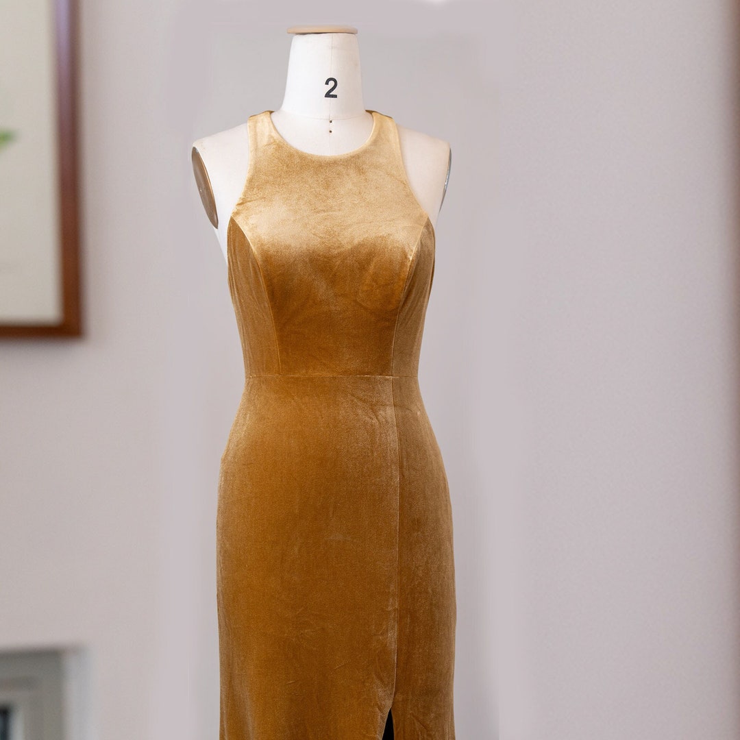 ZOE Handmade Velvet JEWEL NECK Bridesmaid Dress With Slit and Free ...