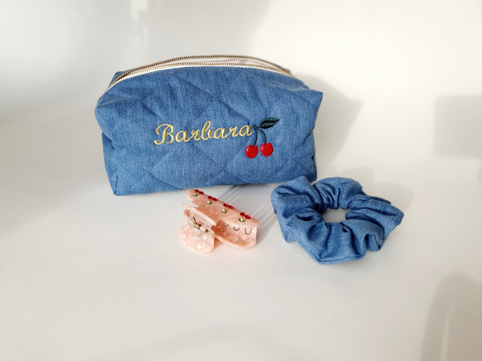 Custom Embroidered Denim Makeup Bag With Cherry & Scrunchie Set - Etsy
