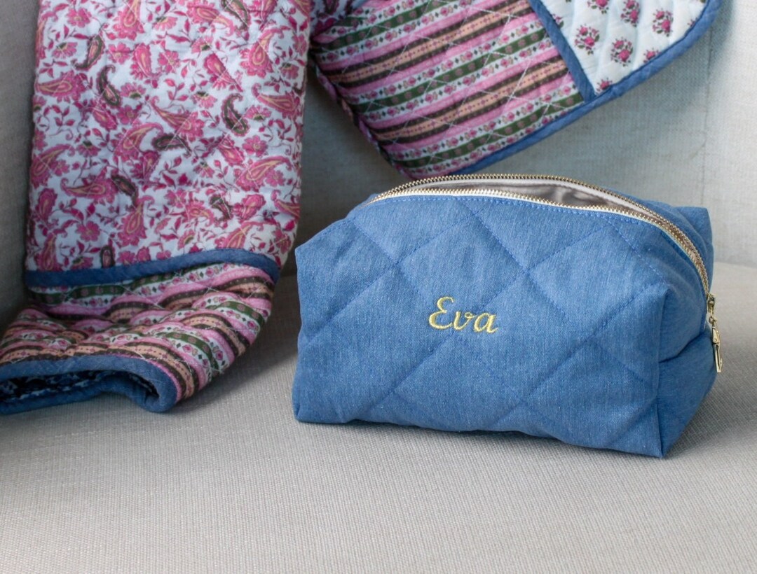 Custom Embroidery Denim Makeup Bag: Personalized Quilted Toiletry Pouch ...