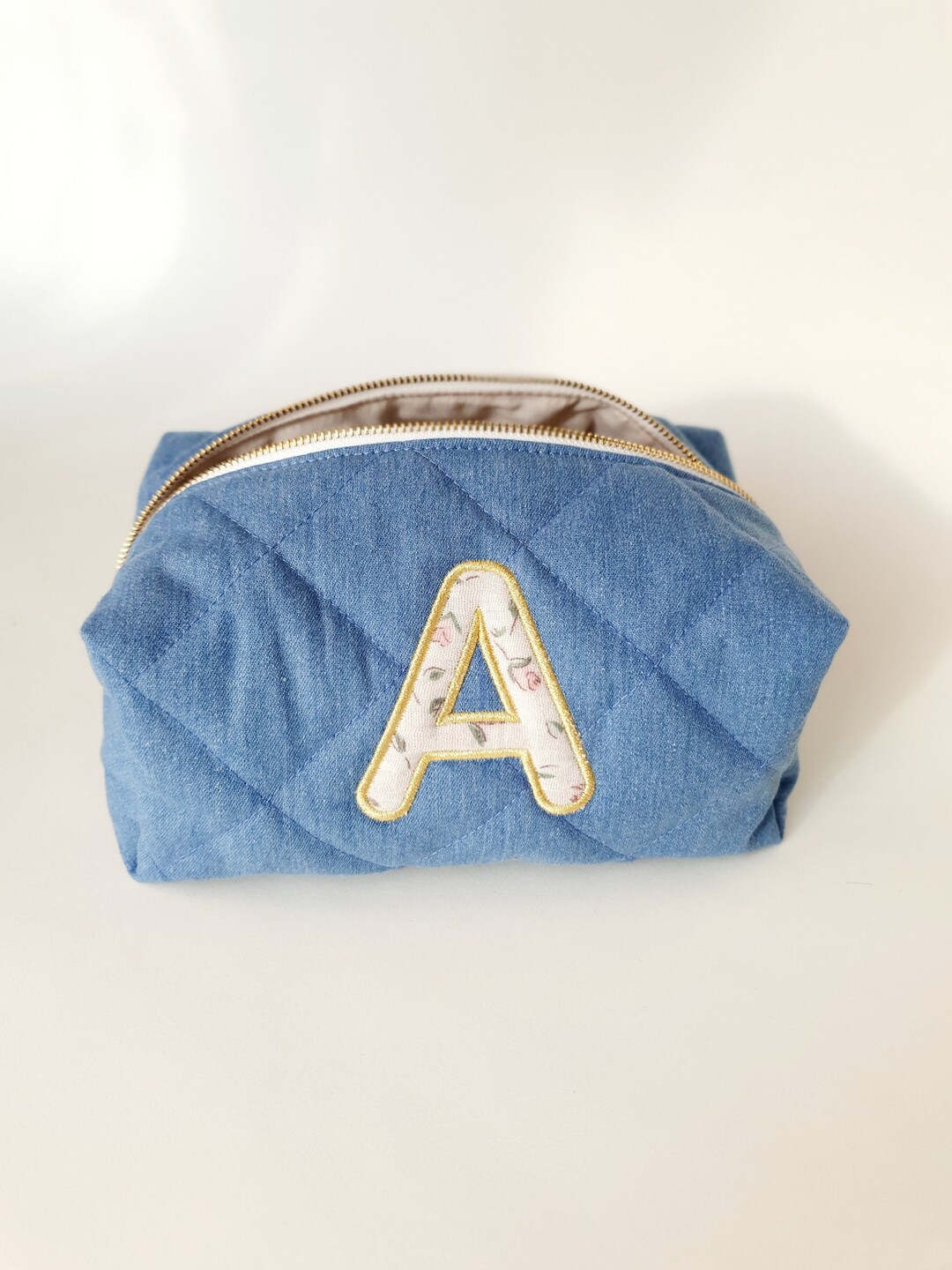 Denim Makeup Bag: Personalized Initial, Quilted Toiletry Pouch - Etsy