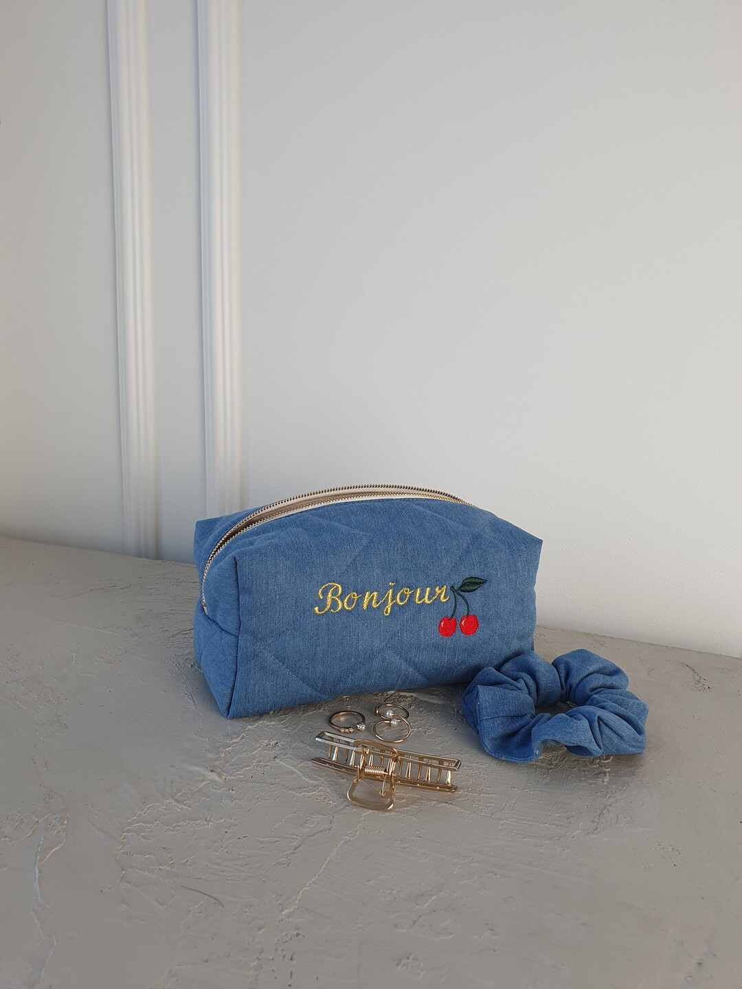 Quilted Denim Bonjour and Cherry Cosmetic Bag With Hair Scrunchie ...