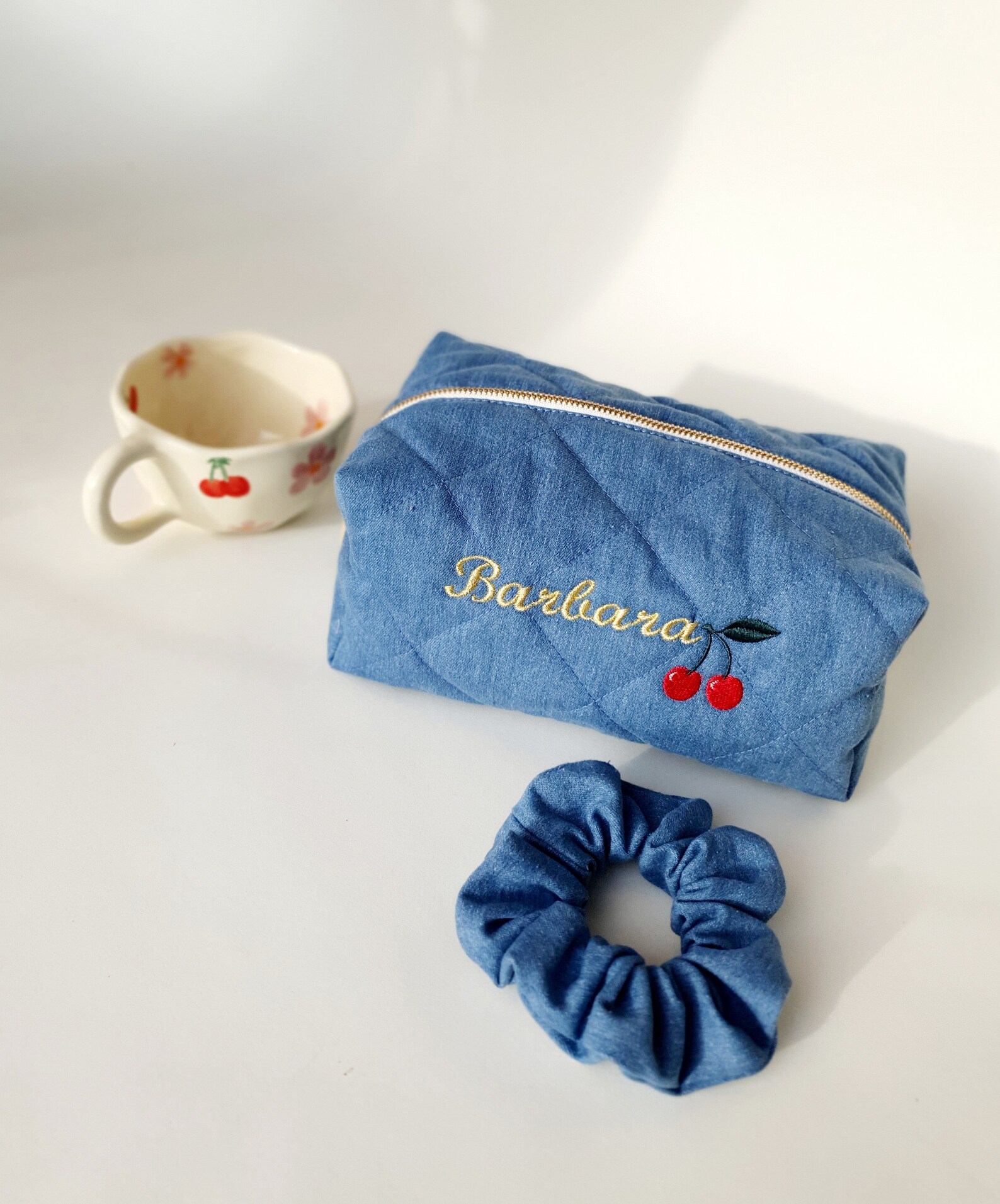 Custom Embroidered Denim Makeup Bag With Cherry & Scrunchie Set - Etsy