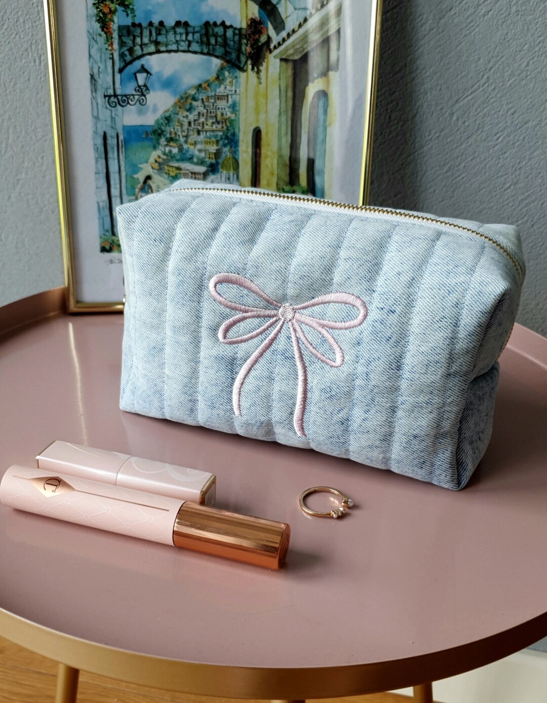 Upcycled Denim Cosmetic Bag With Embroidered Bow, Quilted Denim Beauty ...