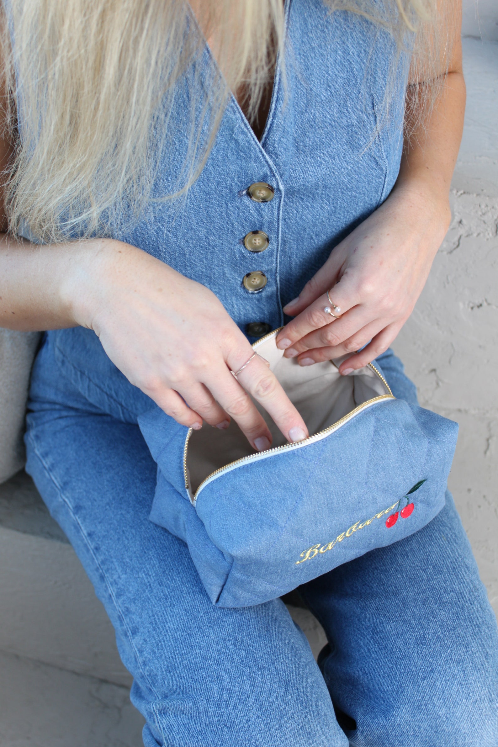 Custom Embroidered Denim Makeup Bag With Cherry & Scrunchie Set - Etsy