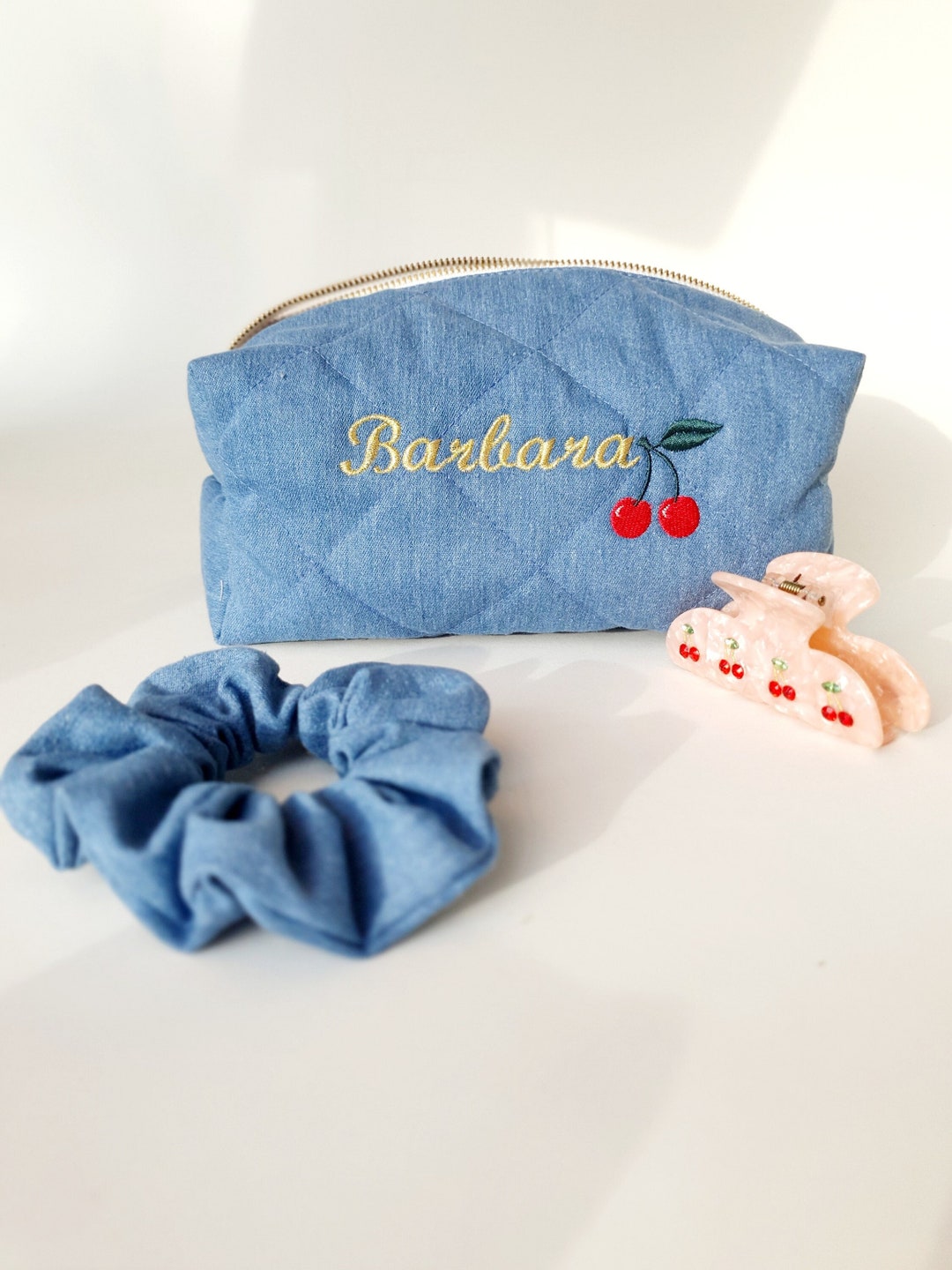Custom Embroidered Denim Makeup Bag With Cherry & Scrunchie Set - Etsy