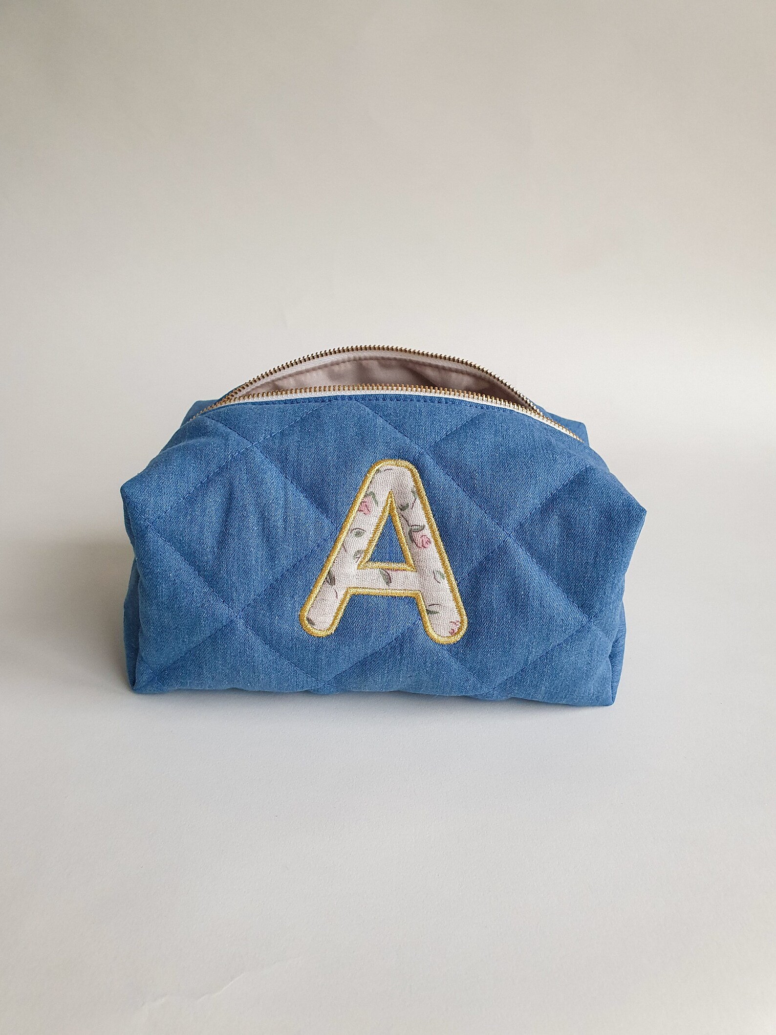Denim Makeup Bag: Personalized Initial, Quilted Toiletry Pouch - Etsy