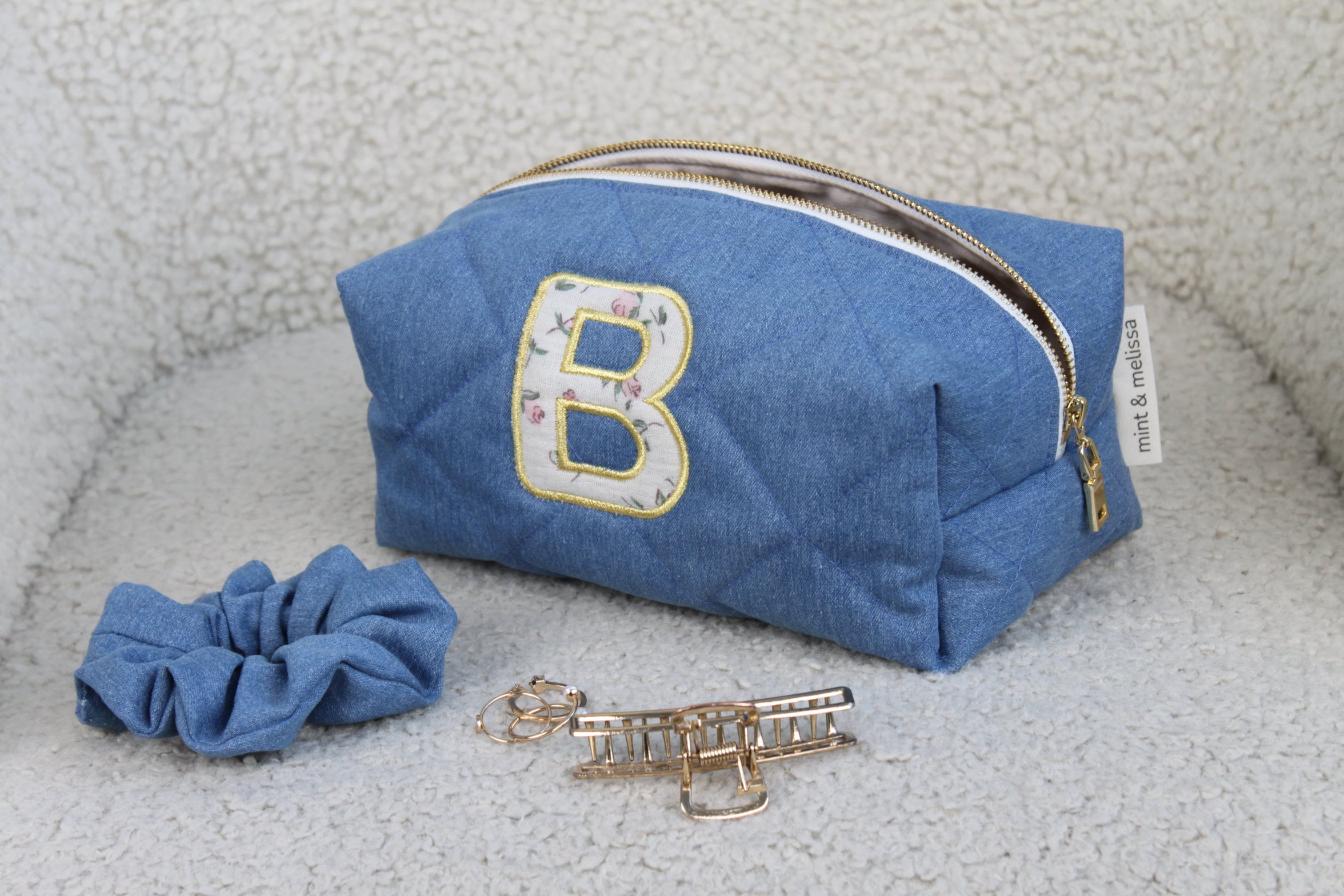 Quilted Denim Makeup Bag: Embroidered Initial, Zipper Pouch & Scrunchie ...