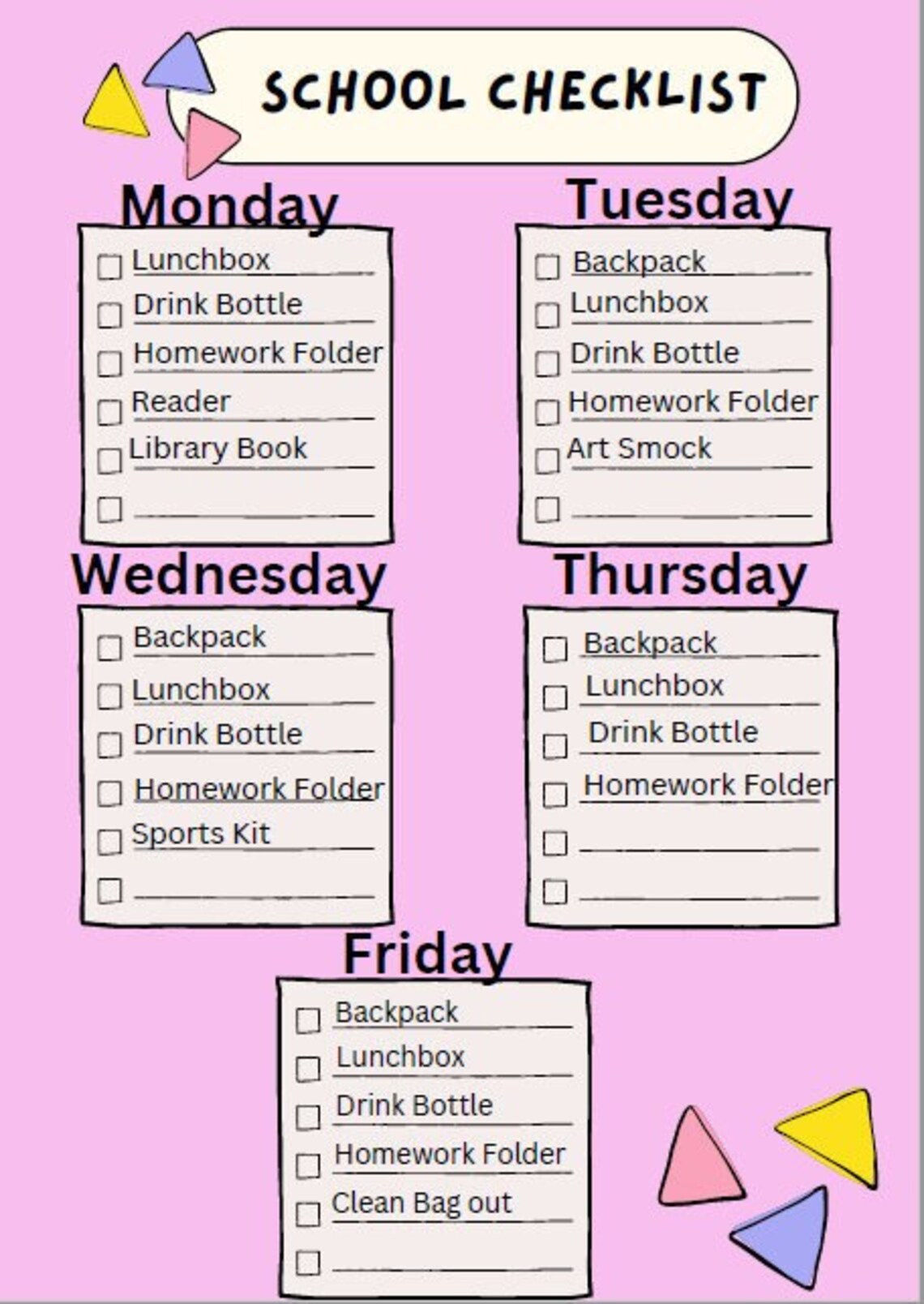 Primary School Bag Packing Checklist - Etsy