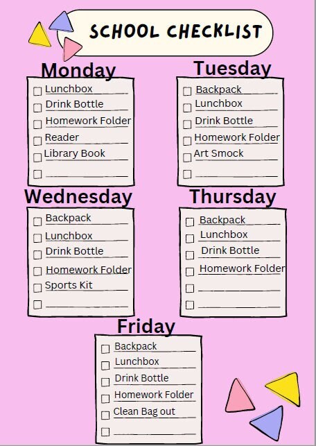 Primary School Bag Packing Checklist - Etsy
