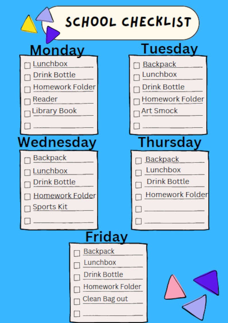 Primary School Bag Packing Checklist - Etsy