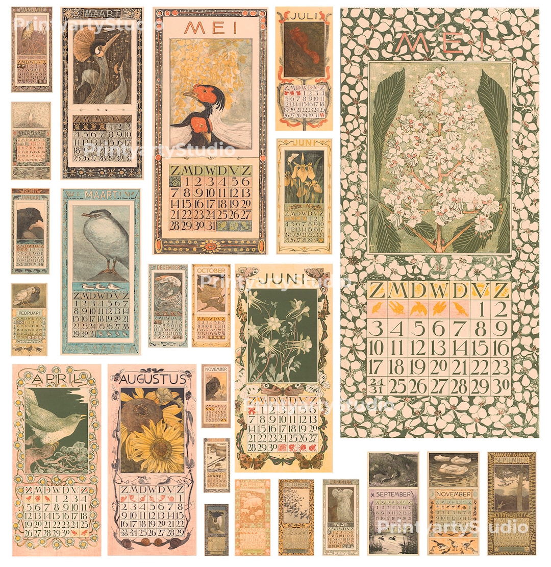 Colorful Set of 40 Vintage Calendars / Beautiful Printable Antique Wall ...
