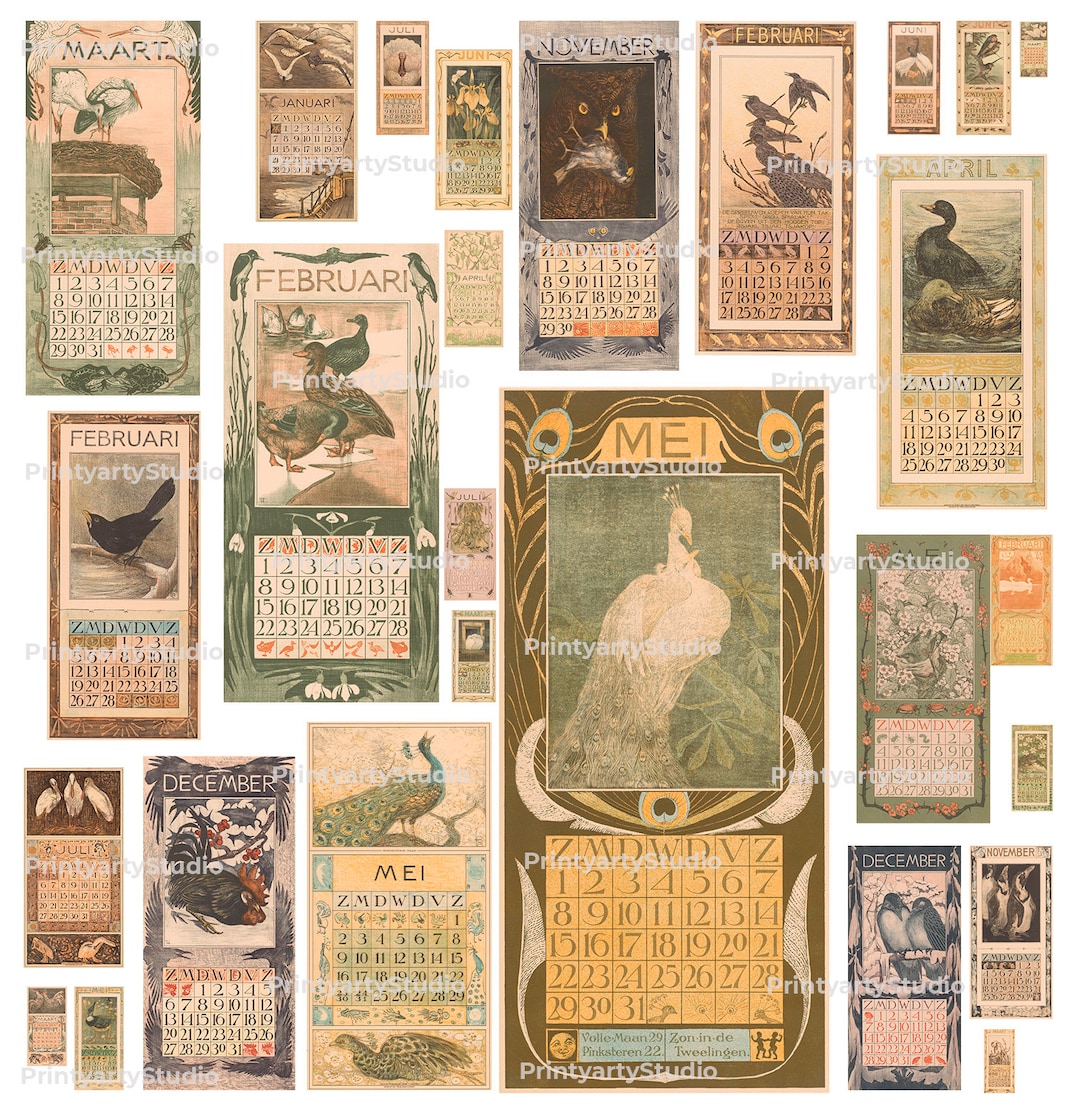 Colorful Set of 90 Vintage Calendars / Beautiful Printable Antique Wall ...