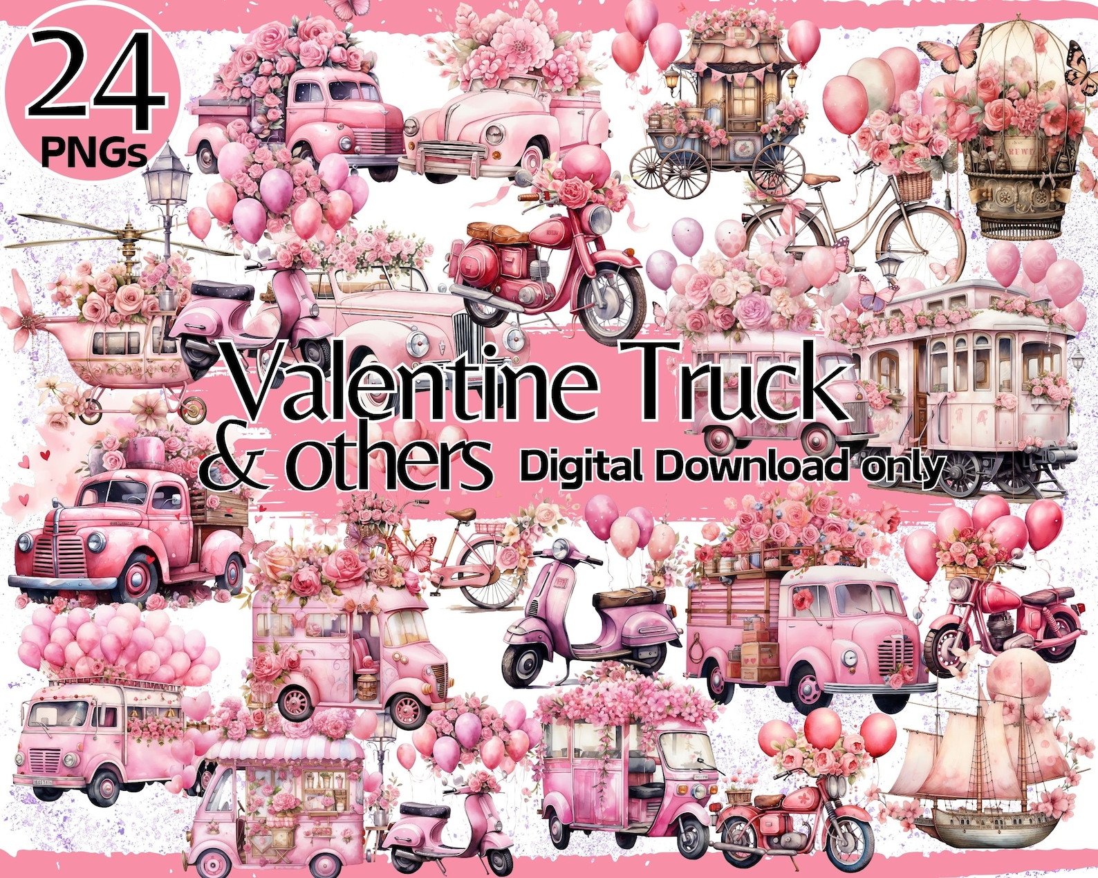 Convertible Pink Truck Clipart, Watercolor Pink Truck Png, Valentines ...