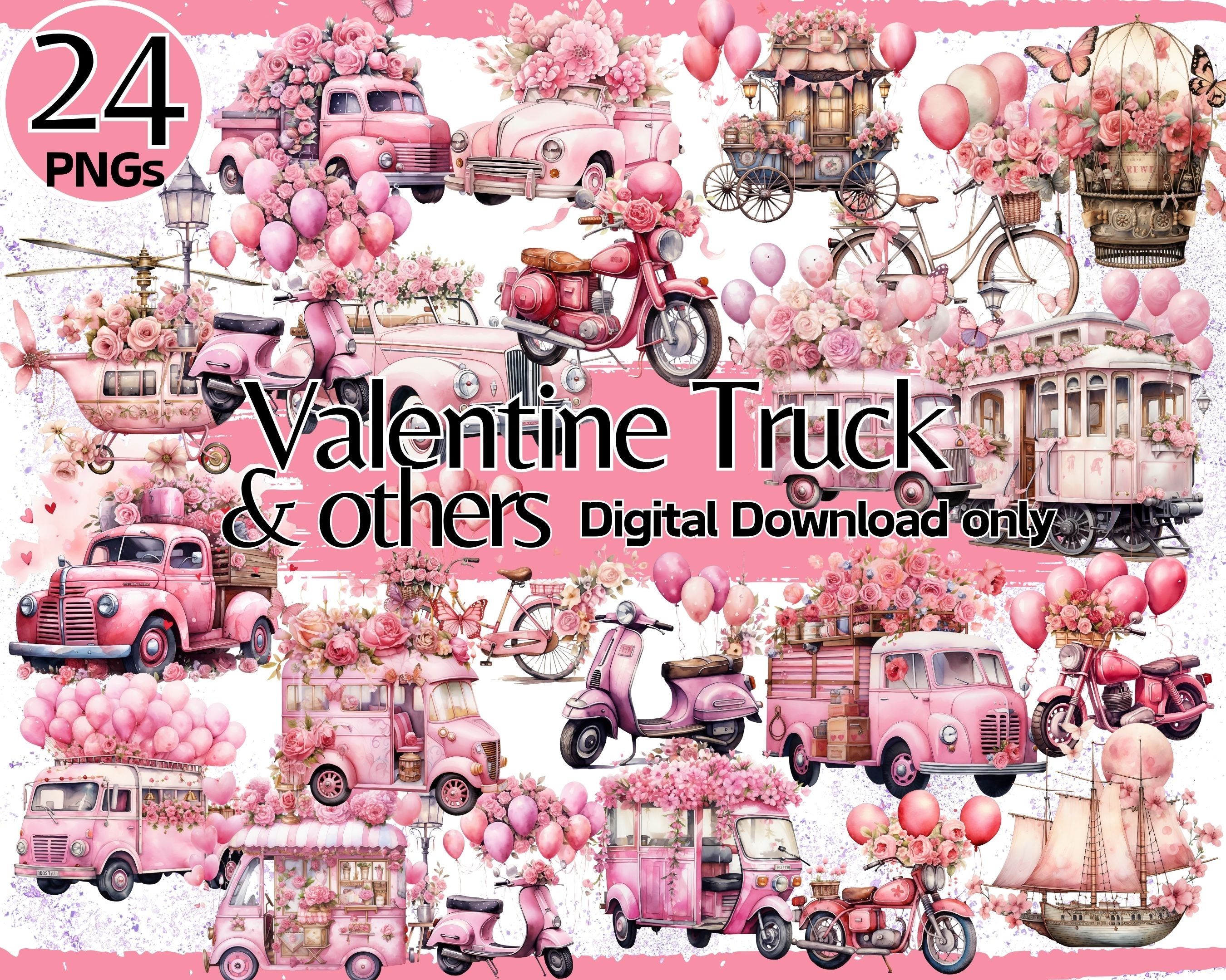 Convertible Pink Truck Clipart, Watercolor Pink Truck Png, Valentines ...