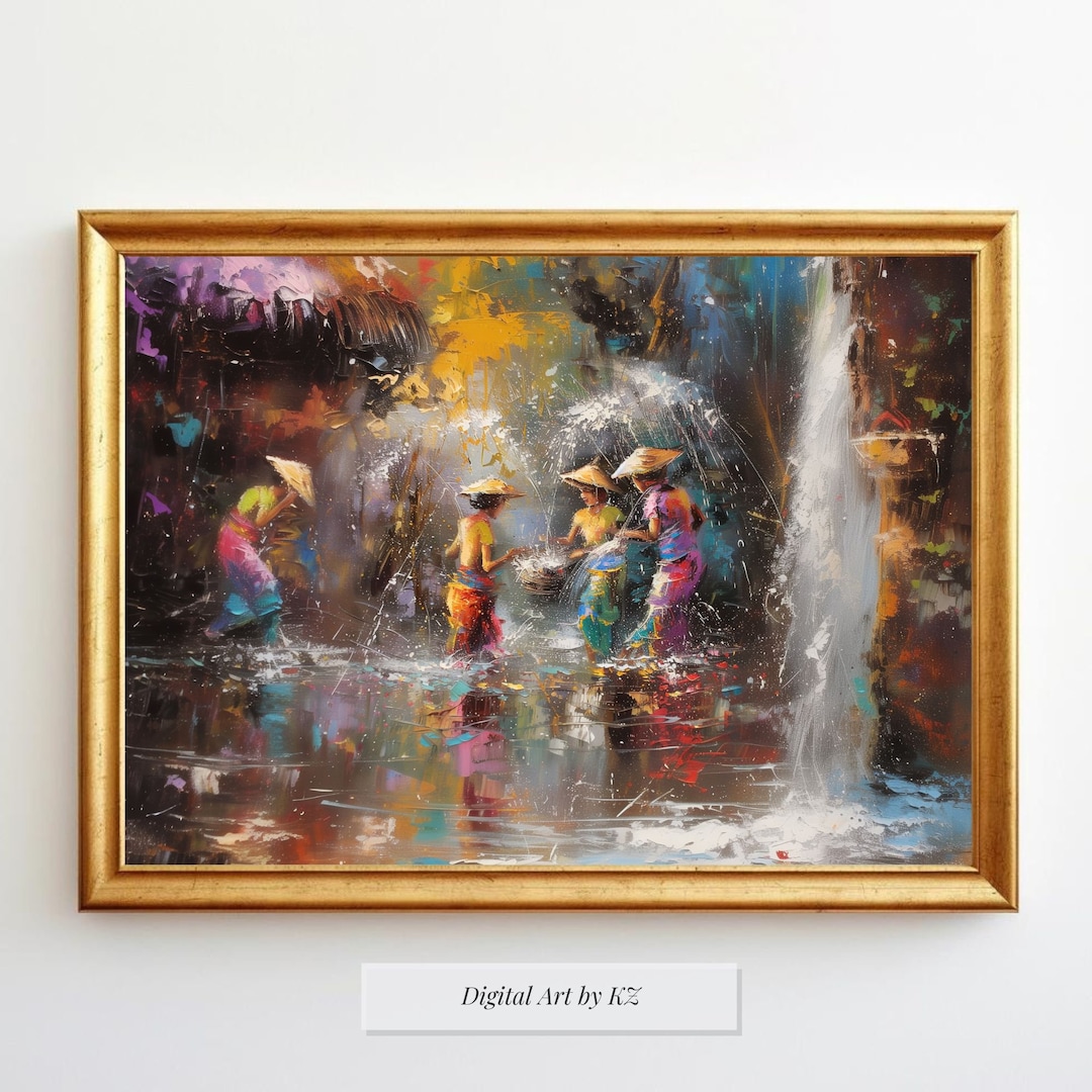 Myanmar Traditional Water Festival Oil Painting, Original Vietnamese ...