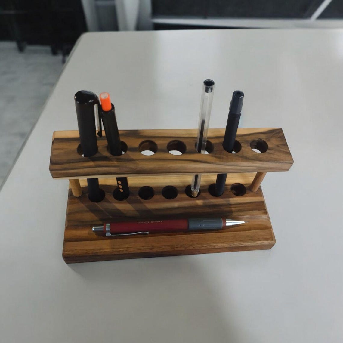 Handcrafted Walnut Wood Pen Holder: Two-tier Desk Organizer - Etsy