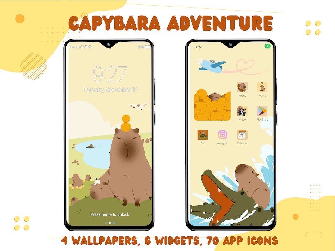 Capybara Adventure Theme Set, Hand Drawn App Icons, Ios and Android Set, Wallpaper, Widgets ...
