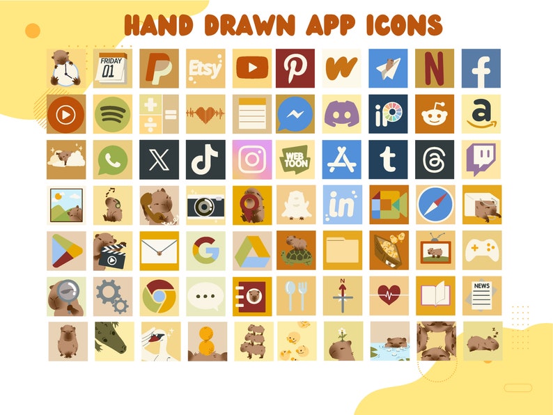 Capybara Adventure Theme Set, Hand Drawn App Icons, Ios and Android Set ...