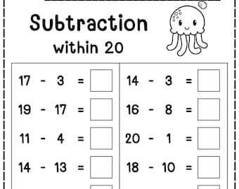 20 Printable Subtraction to 10 Fill in the Blanks Worksheets (numbers 1 ...