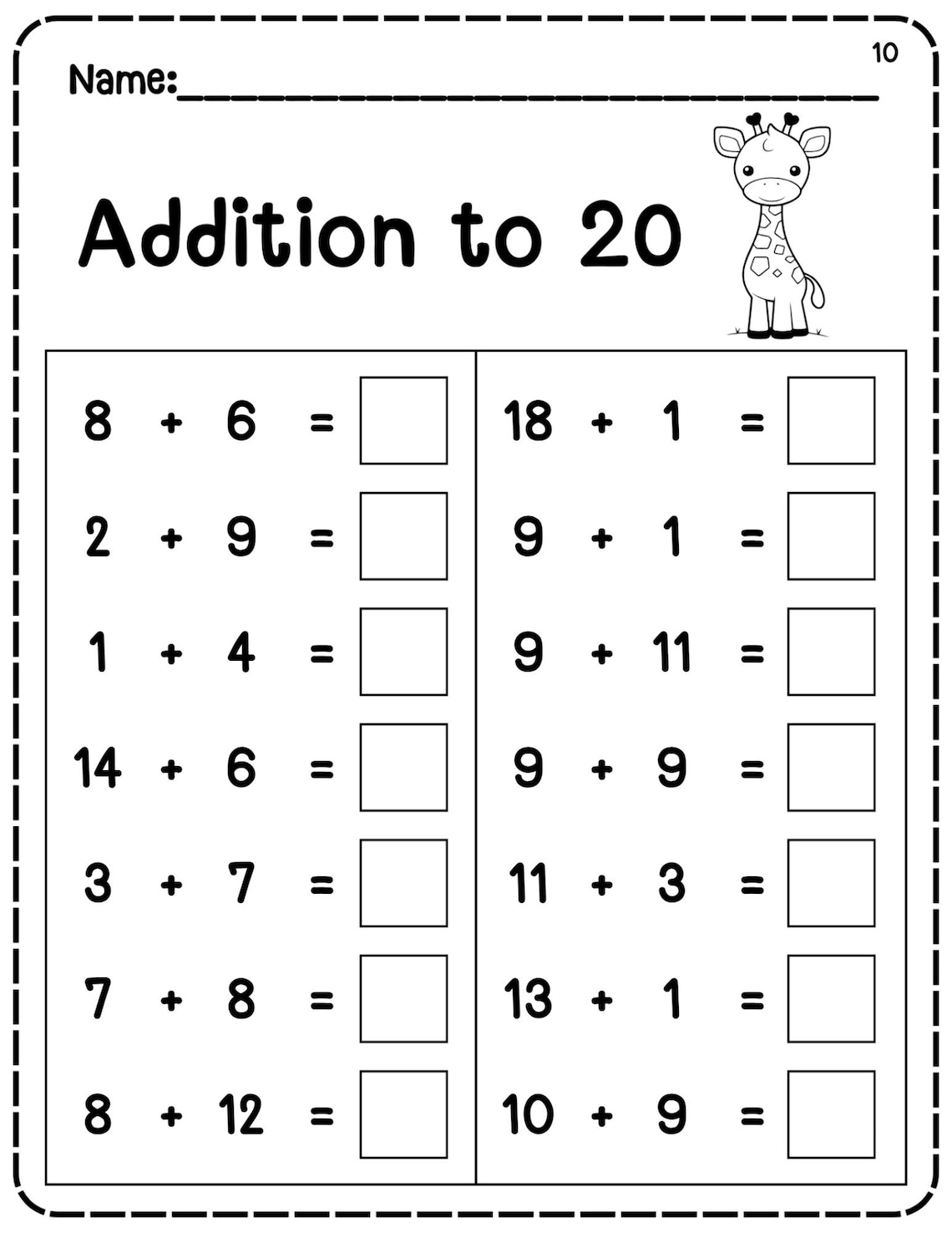 20 Printable Addition to 20 Fill in the Blanks Worksheets (numbers 1–20 ...