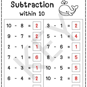 20 Printable Subtraction to 10 Fill in the Blanks Worksheets (numbers 1 ...