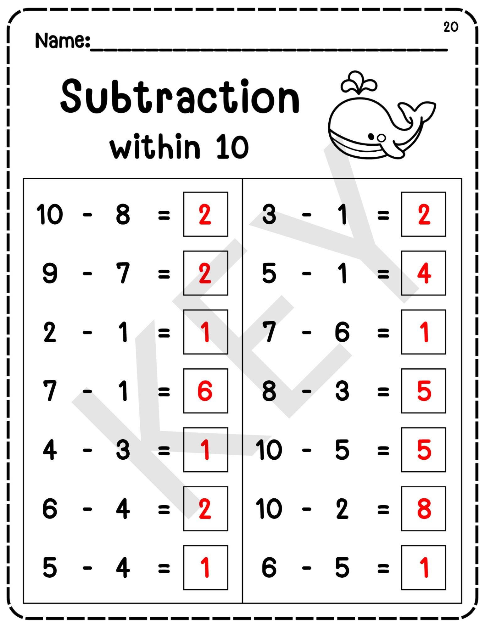 20 Printable Subtraction to 10 Fill in the Blanks Worksheets (numbers 1 ...