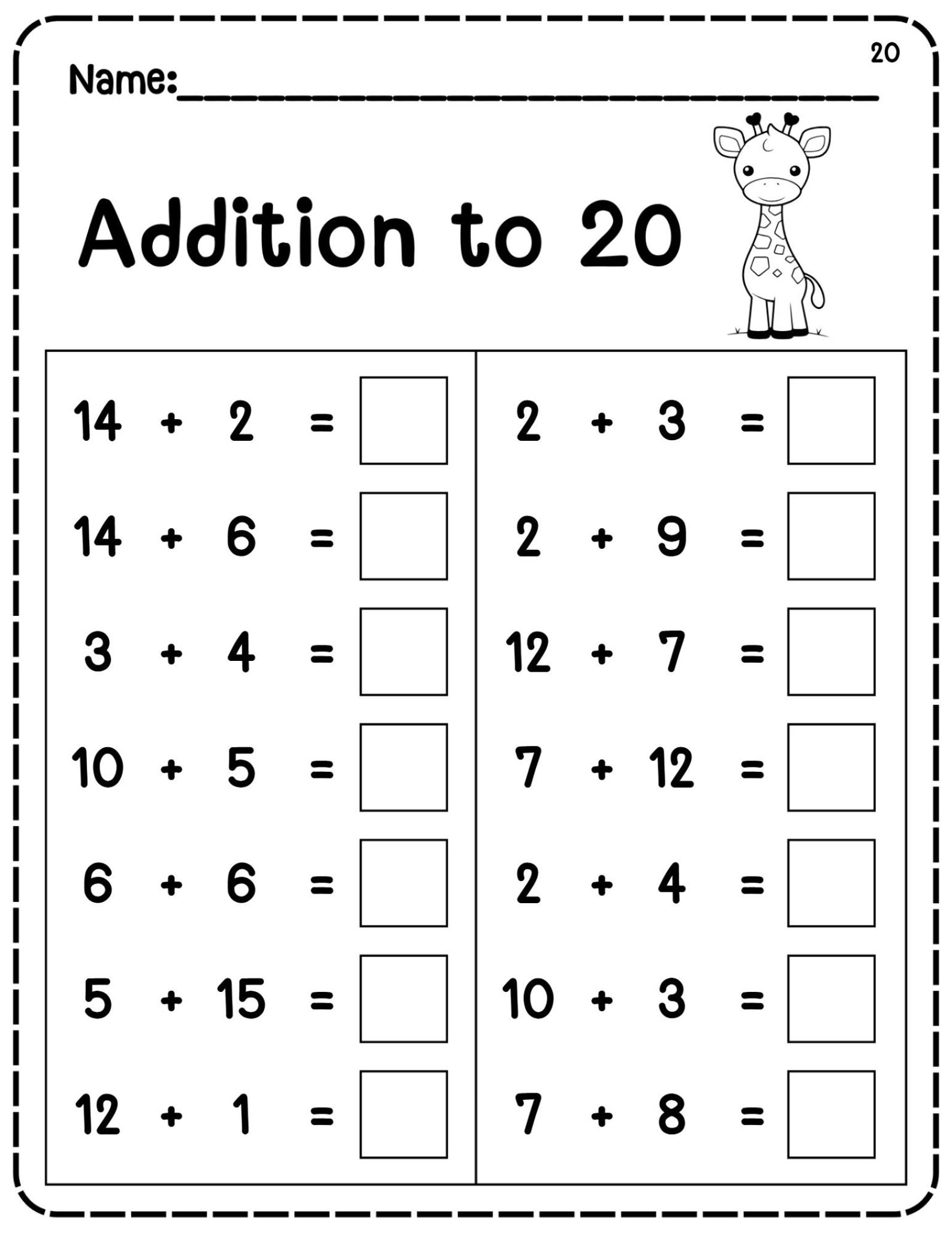 20 Printable Addition to 20 Fill in the Blanks Worksheets (numbers 1–20 ...