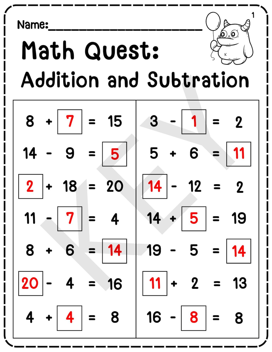20 Printable Find the Missing Numbers in Addition and Subtraction ...