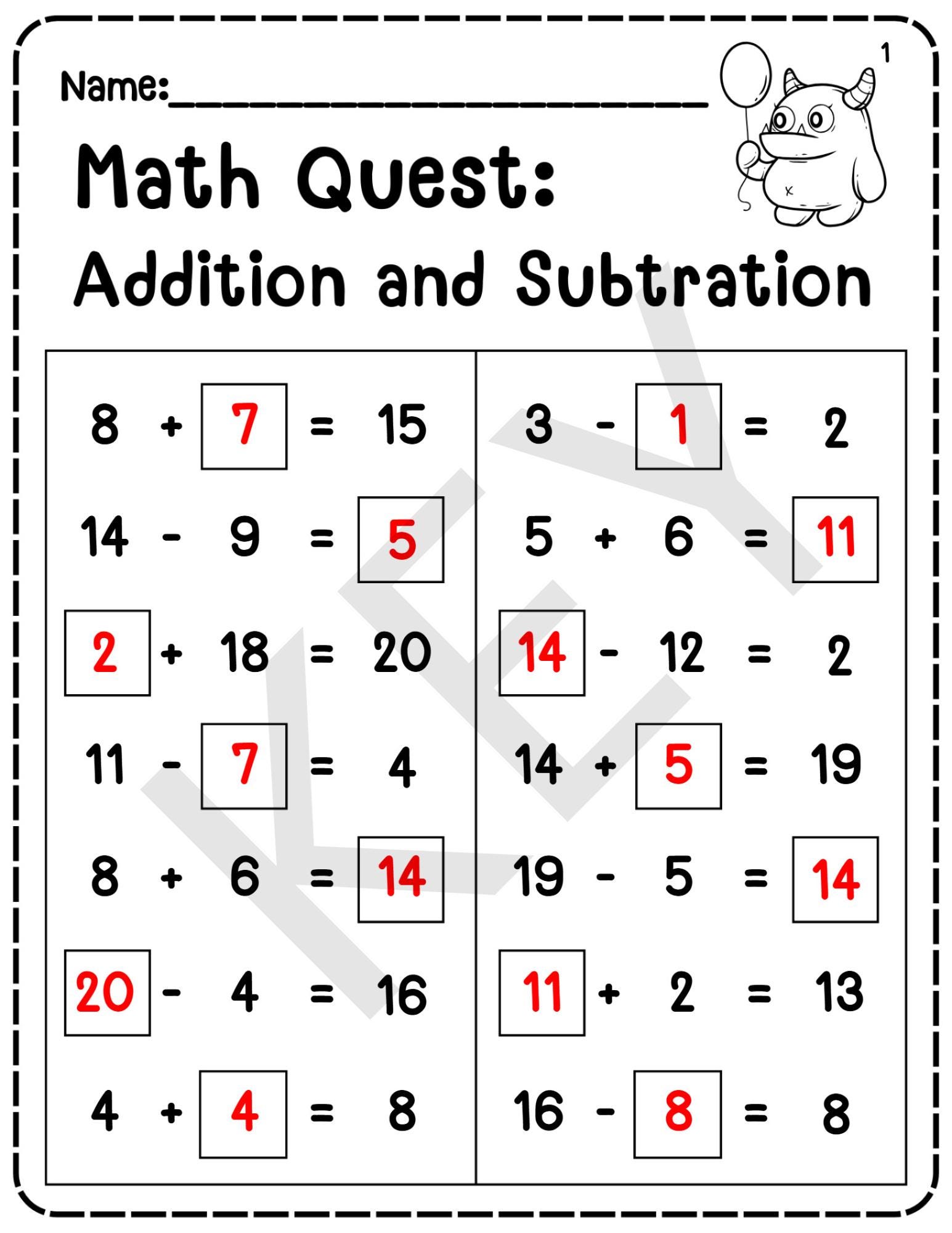 20 Printable Find the Missing Numbers in Addition and Subtraction ...