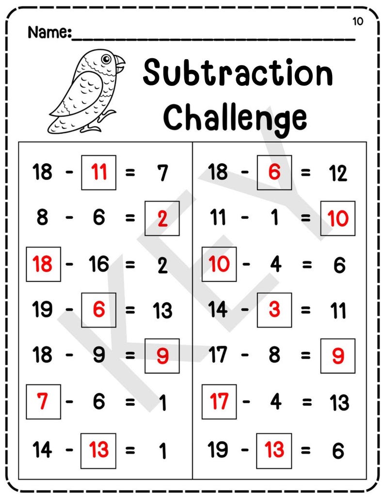 20 Printable Find the Missing Numbers in Subtraction (numbers 1–20 ...