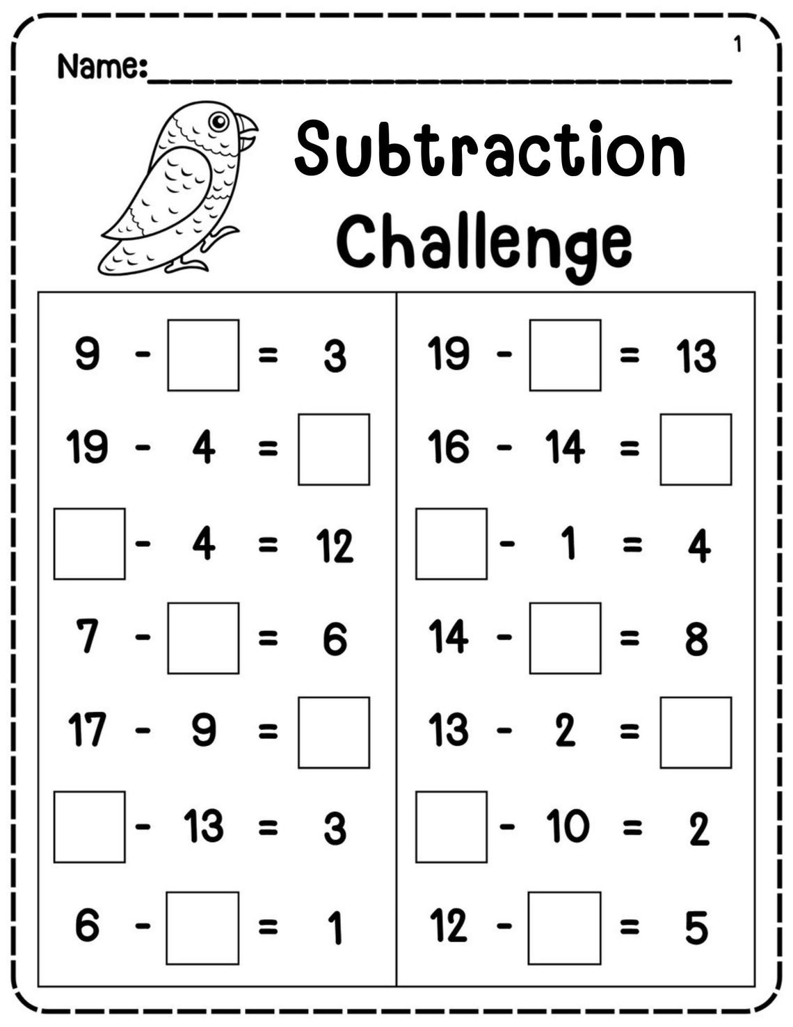 20 Printable Find the Missing Numbers in Subtraction (numbers 1–20 ...
