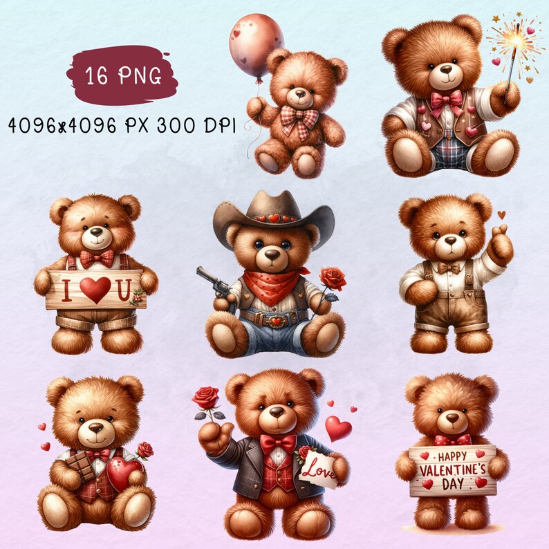Watercolor Valentines Teddy Bear Clipart, 16 PNG Valentines Day Clipart ...
