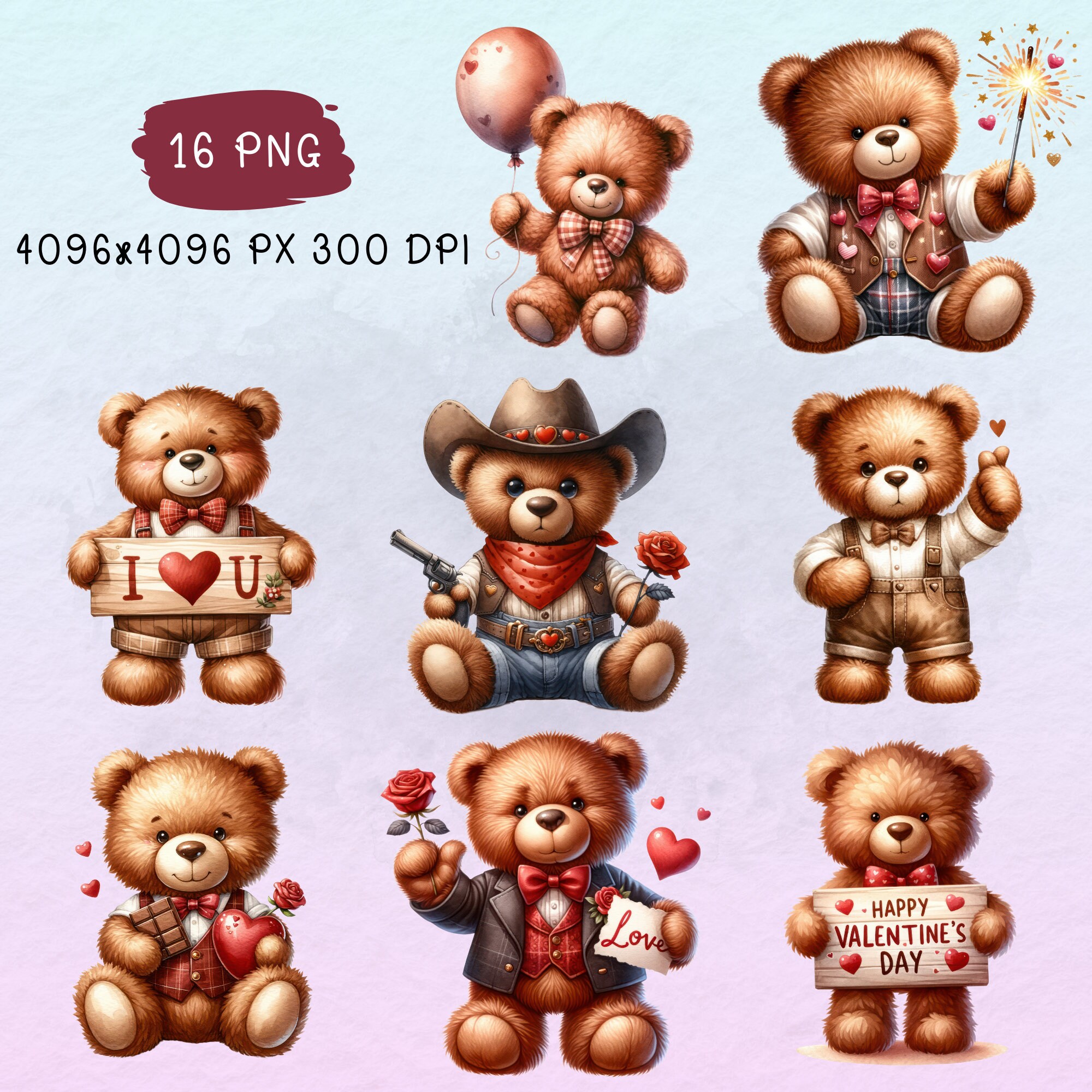 Watercolor Valentines Teddy Bear Clipart, 16 PNG Valentines Day Clipart ...