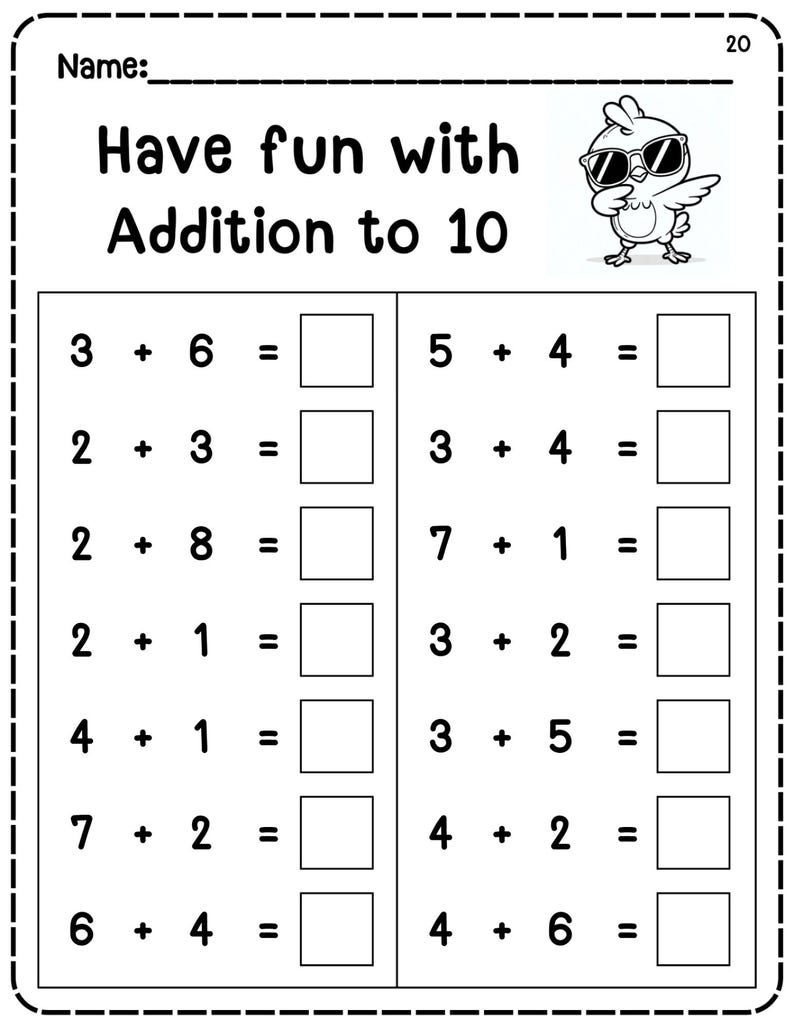 20 Printable Addition to 10 Fill in the Blanks Worksheets (numbers 1-10 ...
