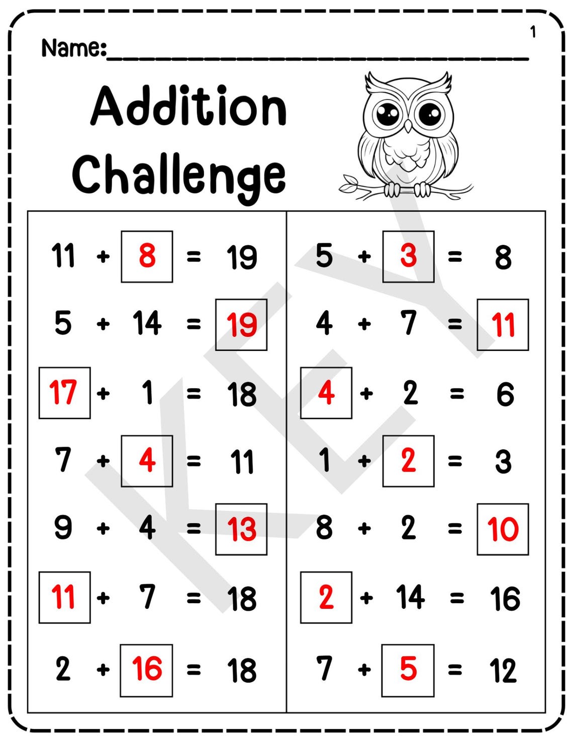 20 Printable Find the Missing Addends and Sums (numbers 1–20 ...