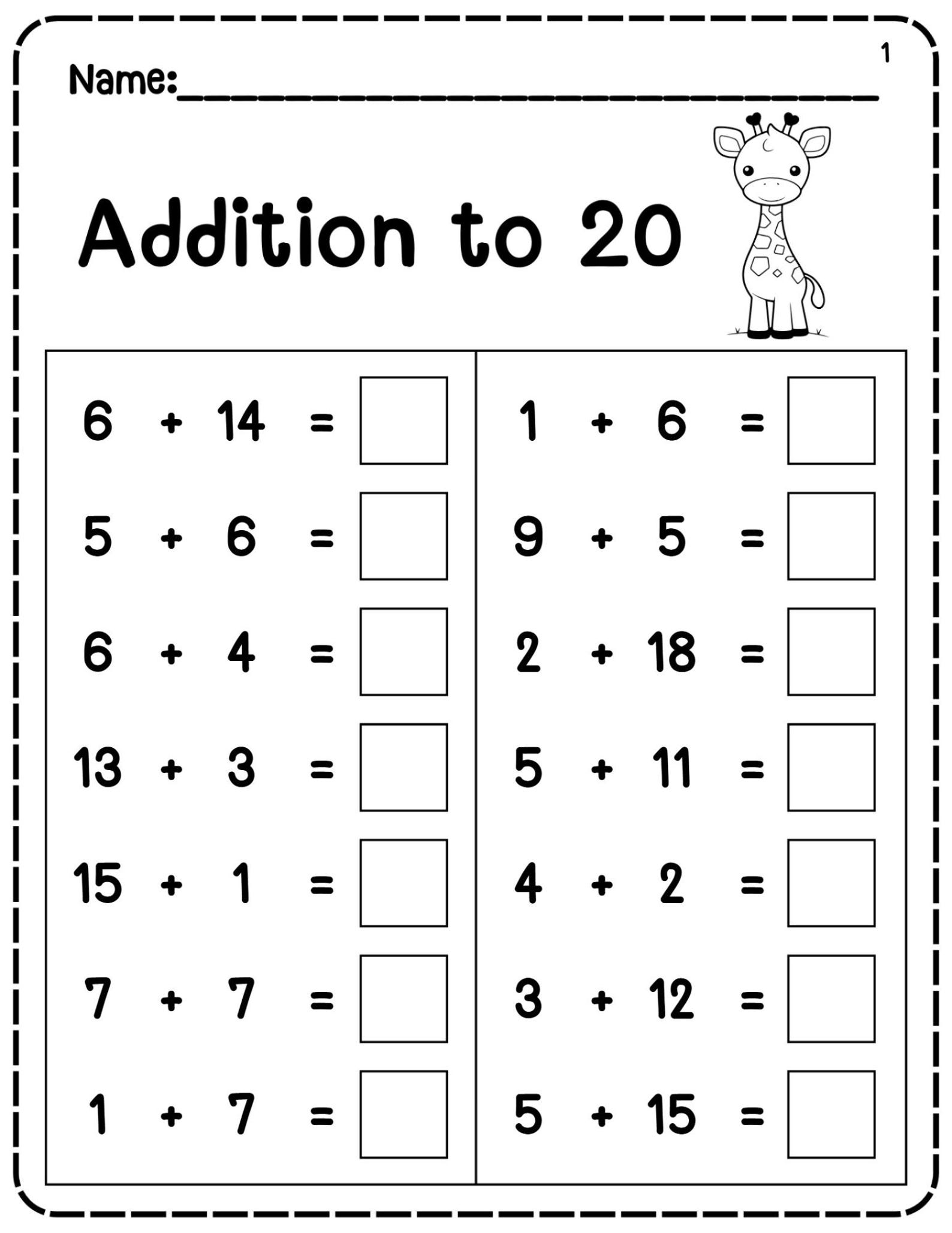 20 Printable Addition to 20 Fill in the Blanks Worksheets (numbers 1–20 ...